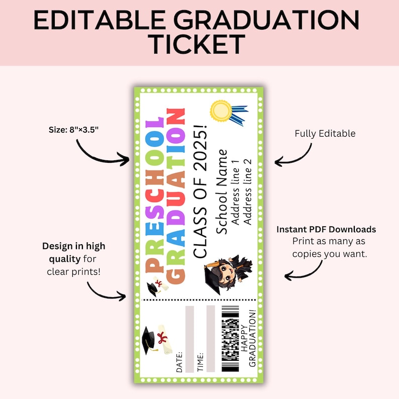 2025 Editable Preschool Graduation Ceremony Ticket Template, Class Grad ...