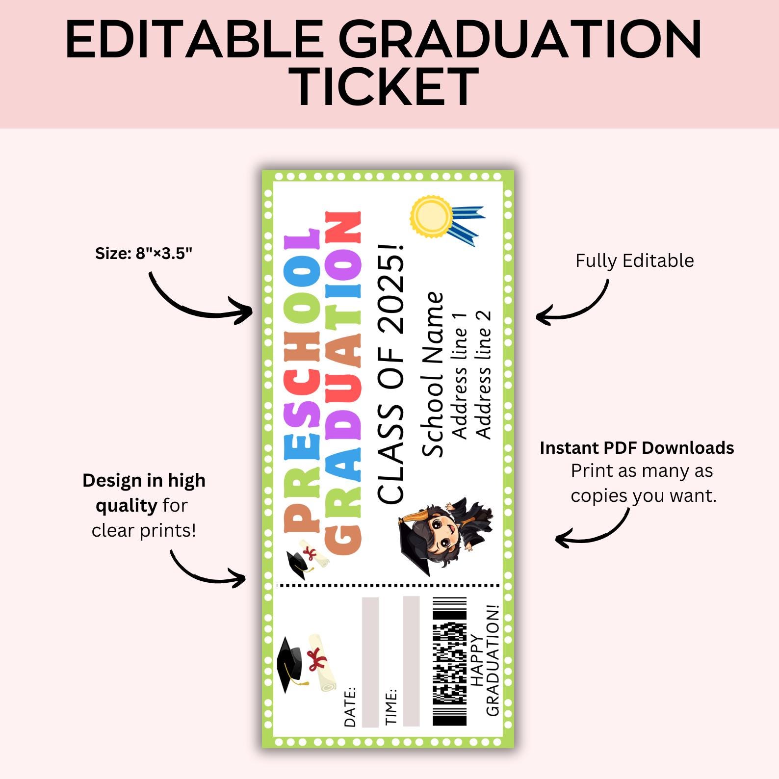 2025 Editable Preschool Graduation Ceremony Ticket Template, Class Grad ...
