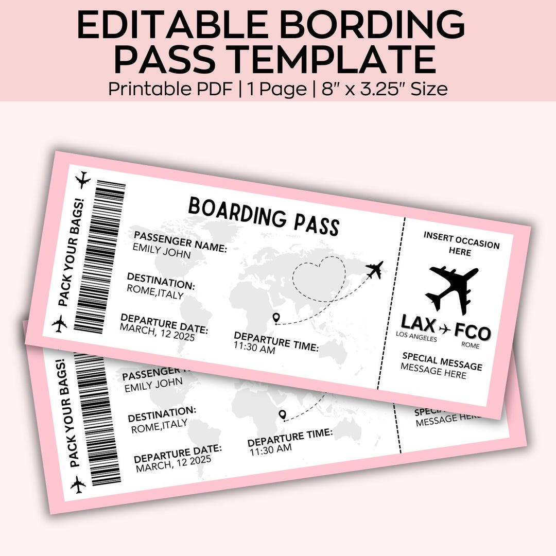 Editable Boarding Pass Template, Printable Boarding Ticket, Canva ...