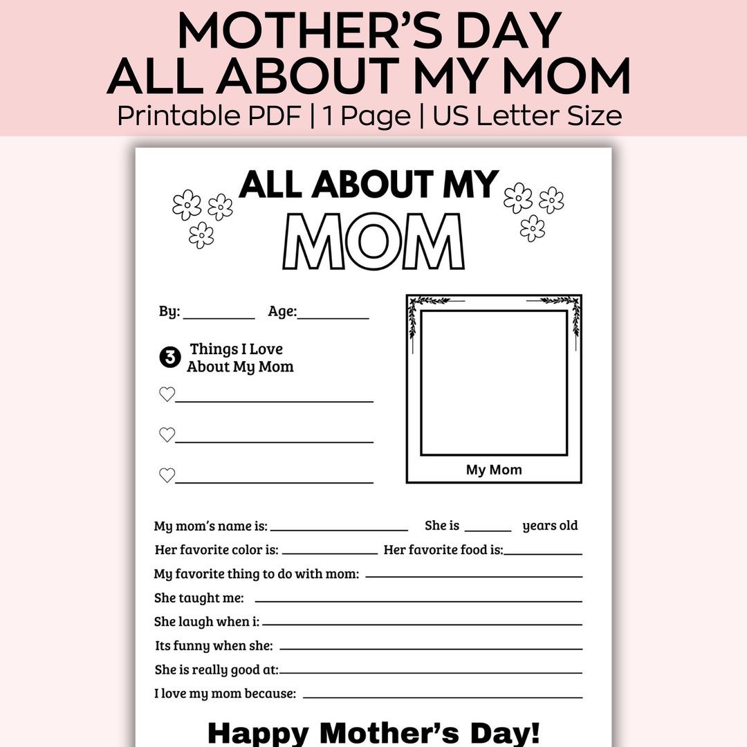 Mother's Day Printable, All About My Mom, Mothers Day Gift, Card for ...