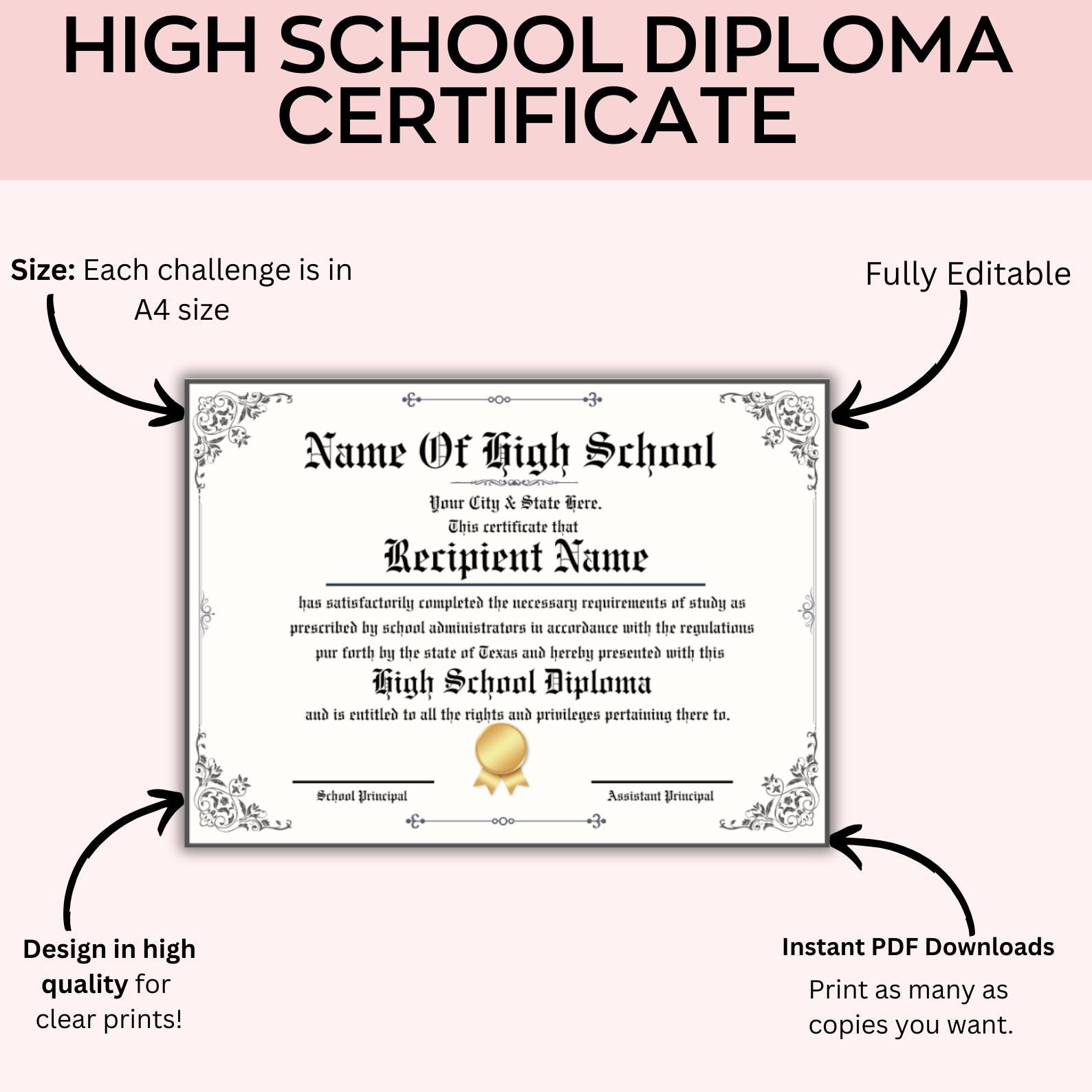 Editable High School Diploma Template, Graduation Certificate, Canva ...