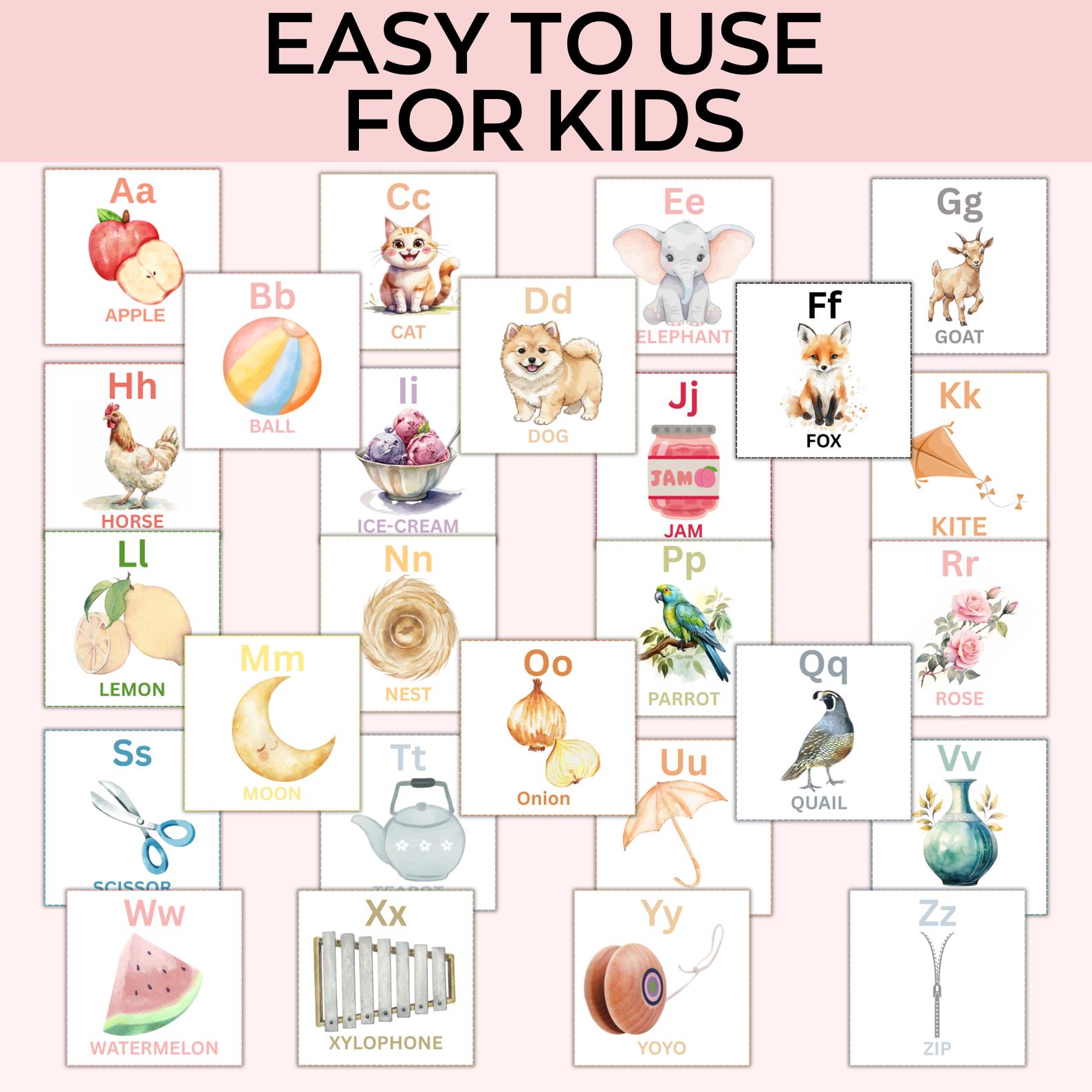 A–Z Printable Flashcard Bundle, Watercolor Alphabet Cards for Kids ...