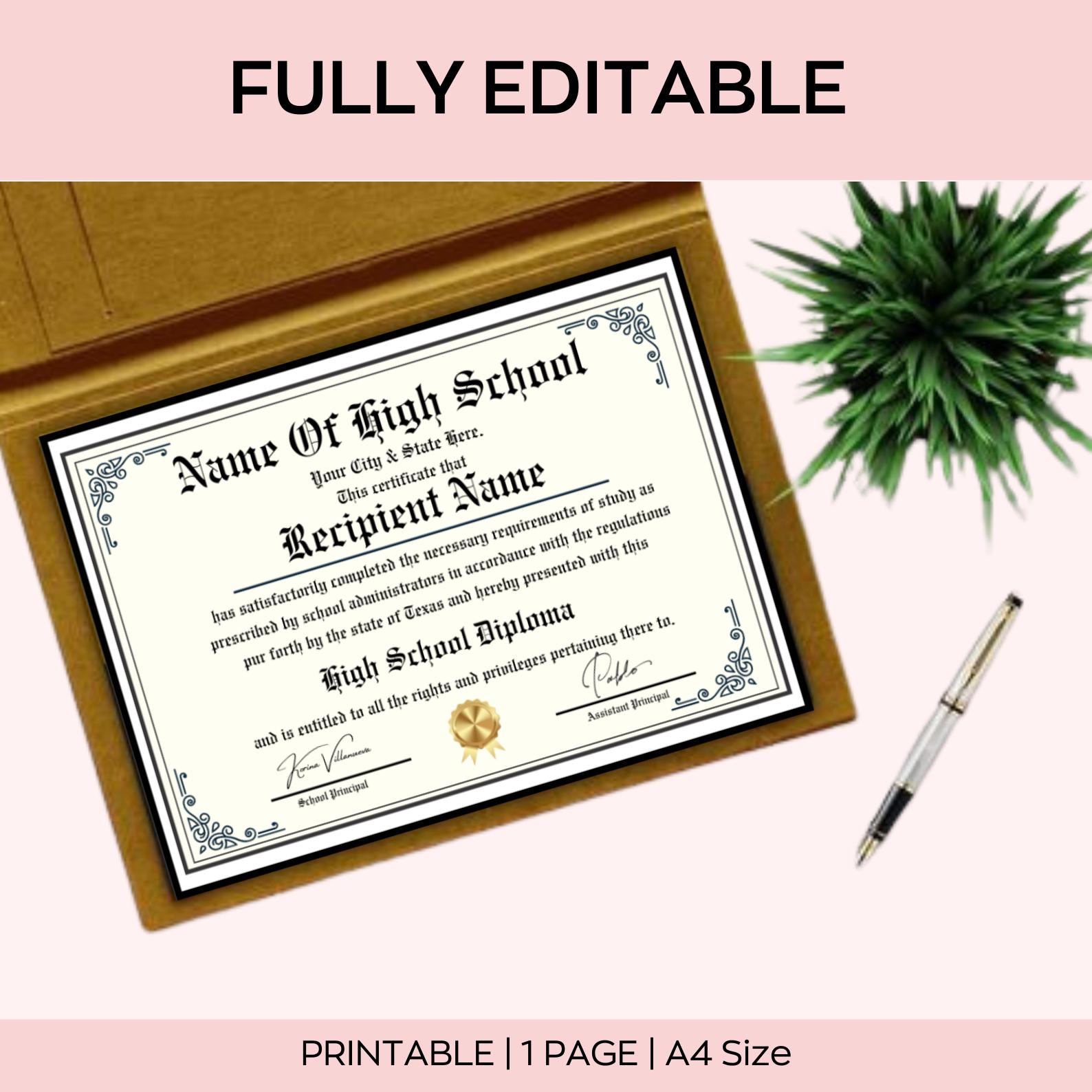 Printable GED Diploma Template, College Degree Certificate, School ...