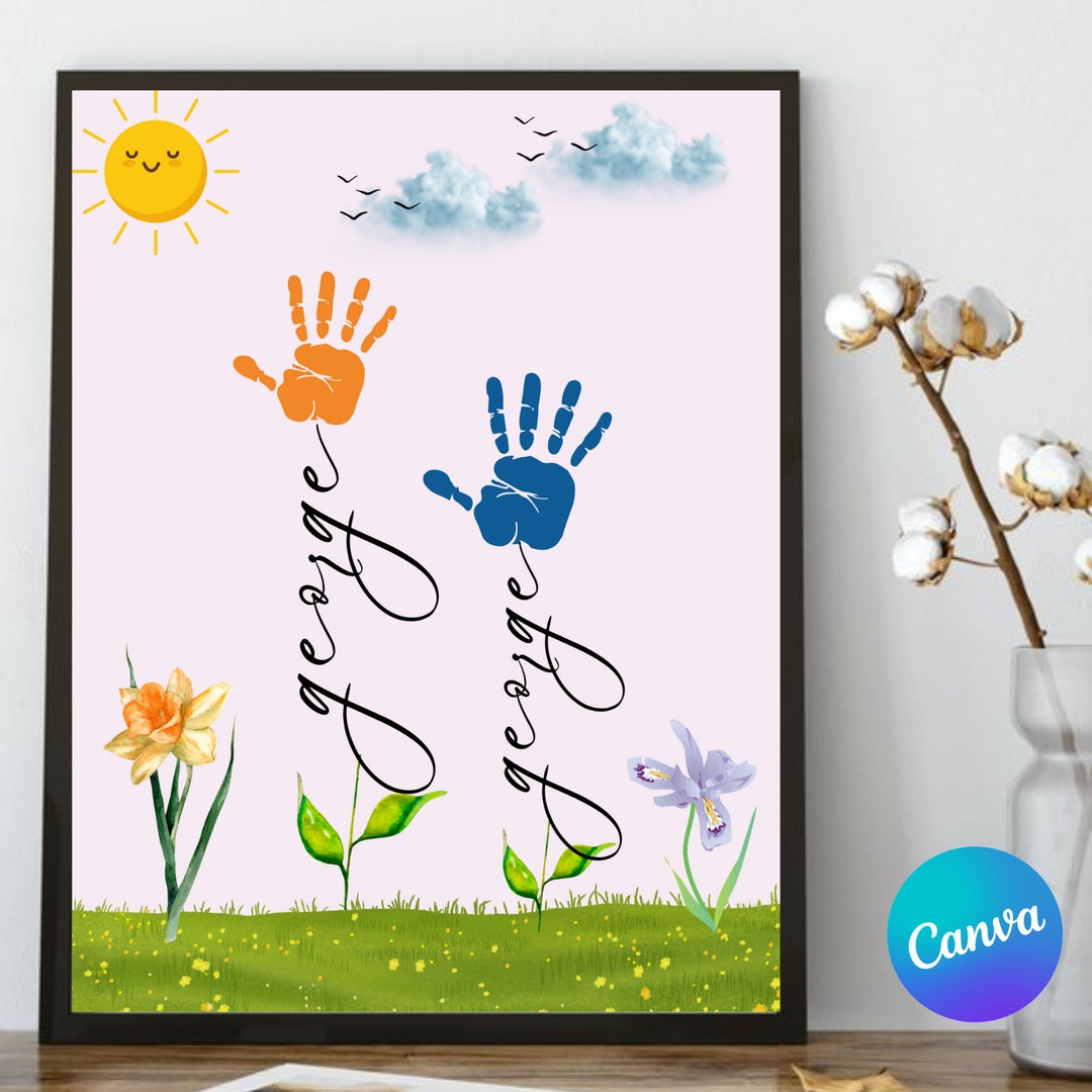 Flower Handprint Craft Art Printable, for Dad or Grandparents Handprint ...