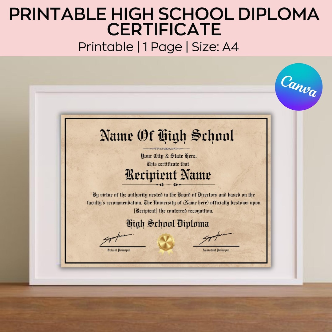 Editable High School Diploma Template, GED Diploma, Canva Editable ...