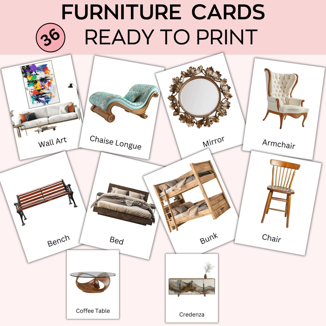 32 FURNITURE Flash Cards, Montessori Cards Printable, Nomenclature ...