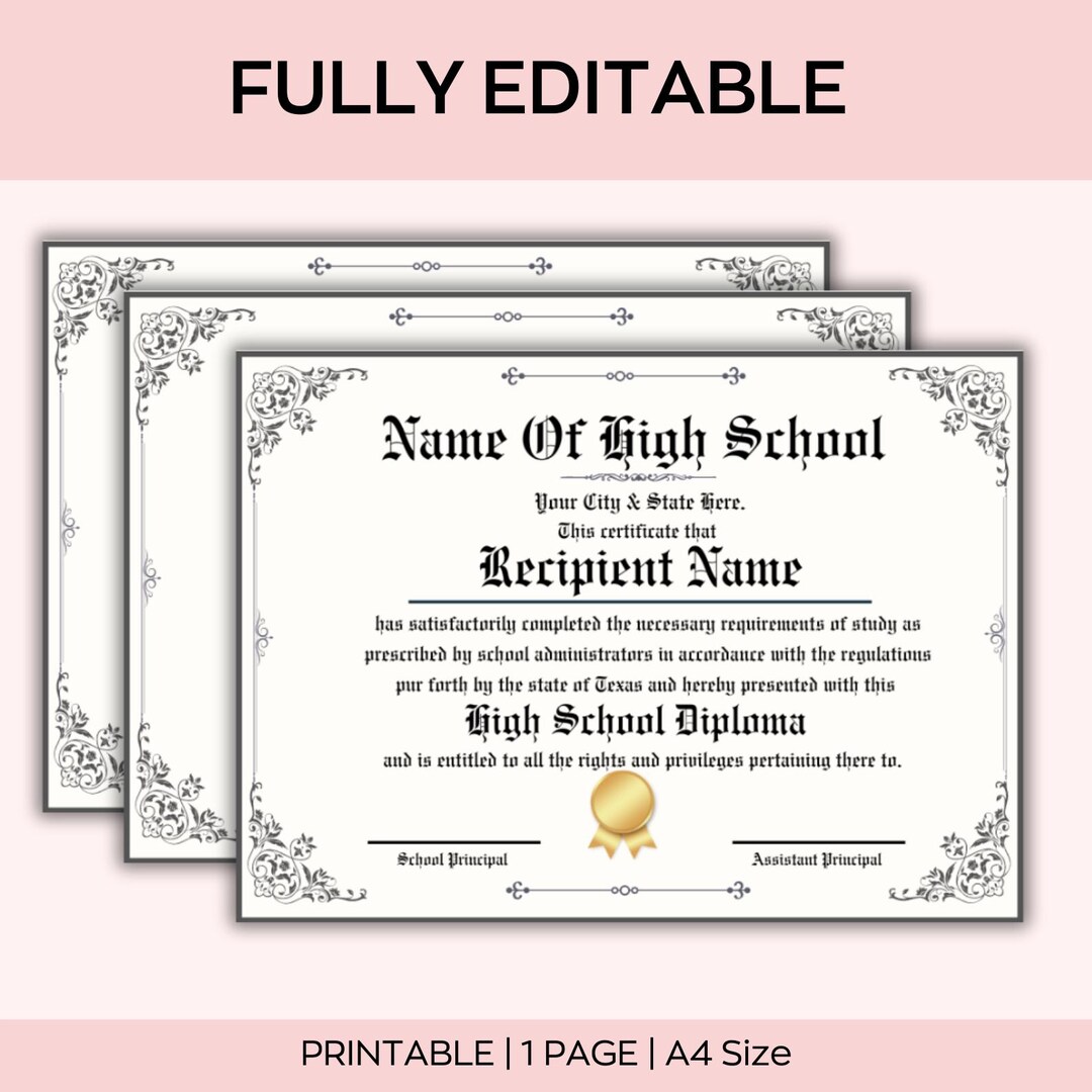 Editable High School Diploma Template, Graduation Certificate, Canva ...