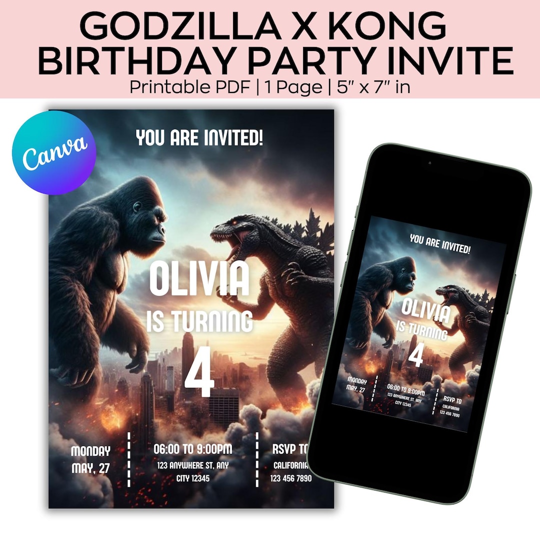 King Kong and Godzilla Invitation, Godzilla Birthday Invitation ...