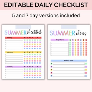 Printable Editable SUMMER Daily Checklist for Kids, Daily Checklist for ...