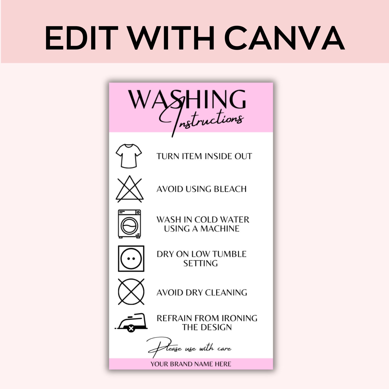 Editable Washing Instructions Card Template, Printable Clothing Care ...