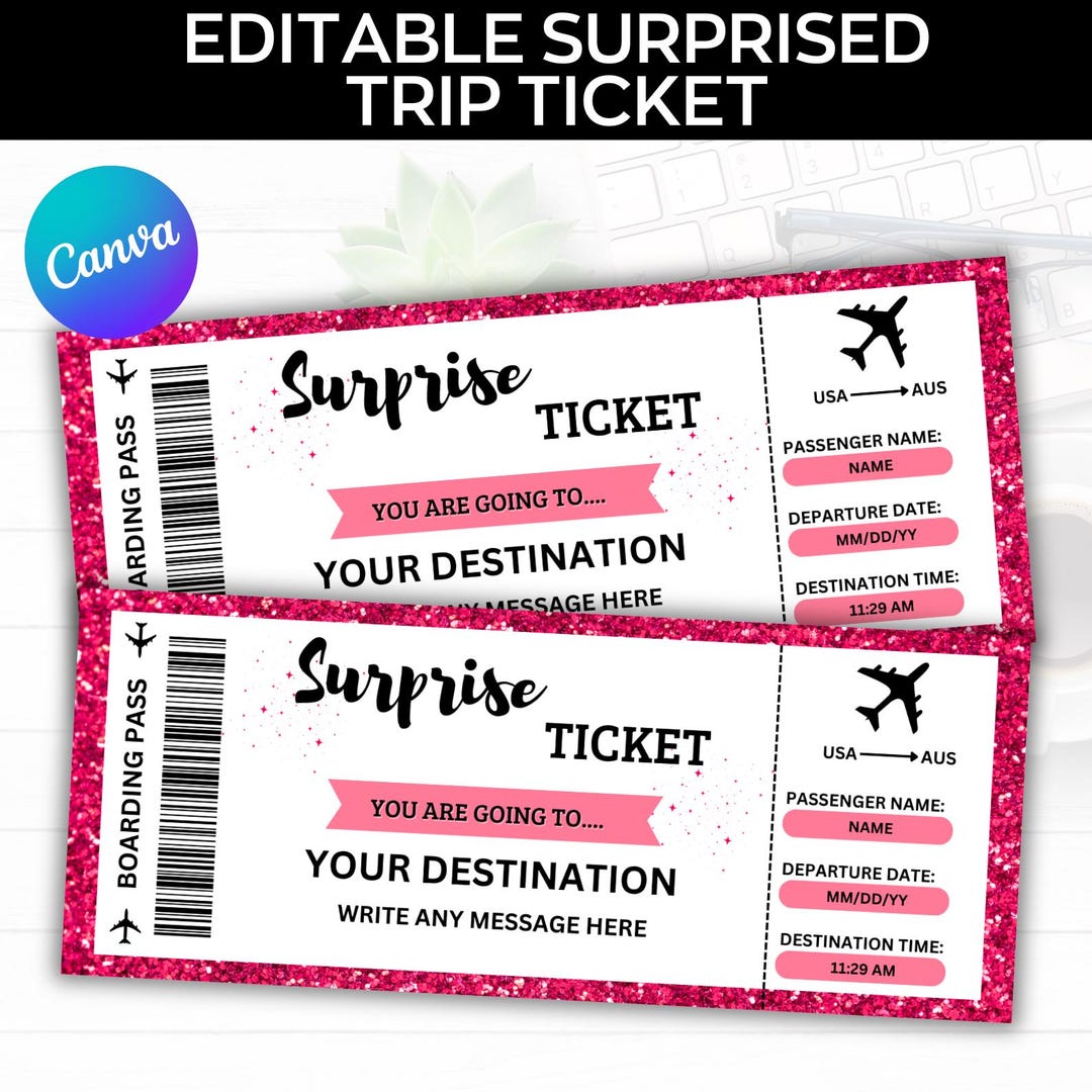 Modèle modifiable de carte d'embarquement, voyage surprise de carte d ...