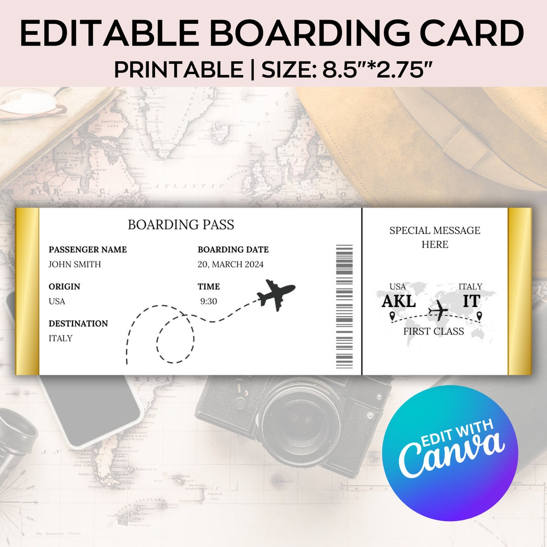 Editable Boarding Pass Template, Printable Boarding Ticket, Canva ...