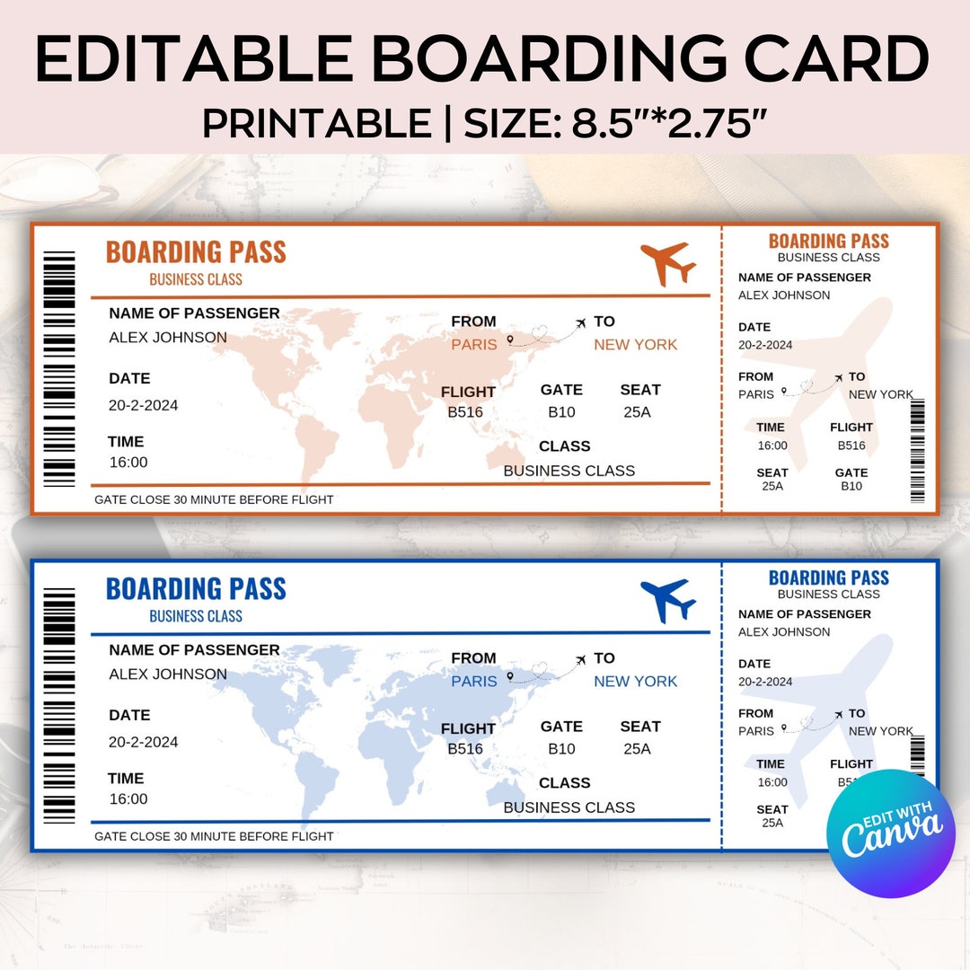 Editable Boarding Pass Template, Printable Boarding Ticket, Canva ...