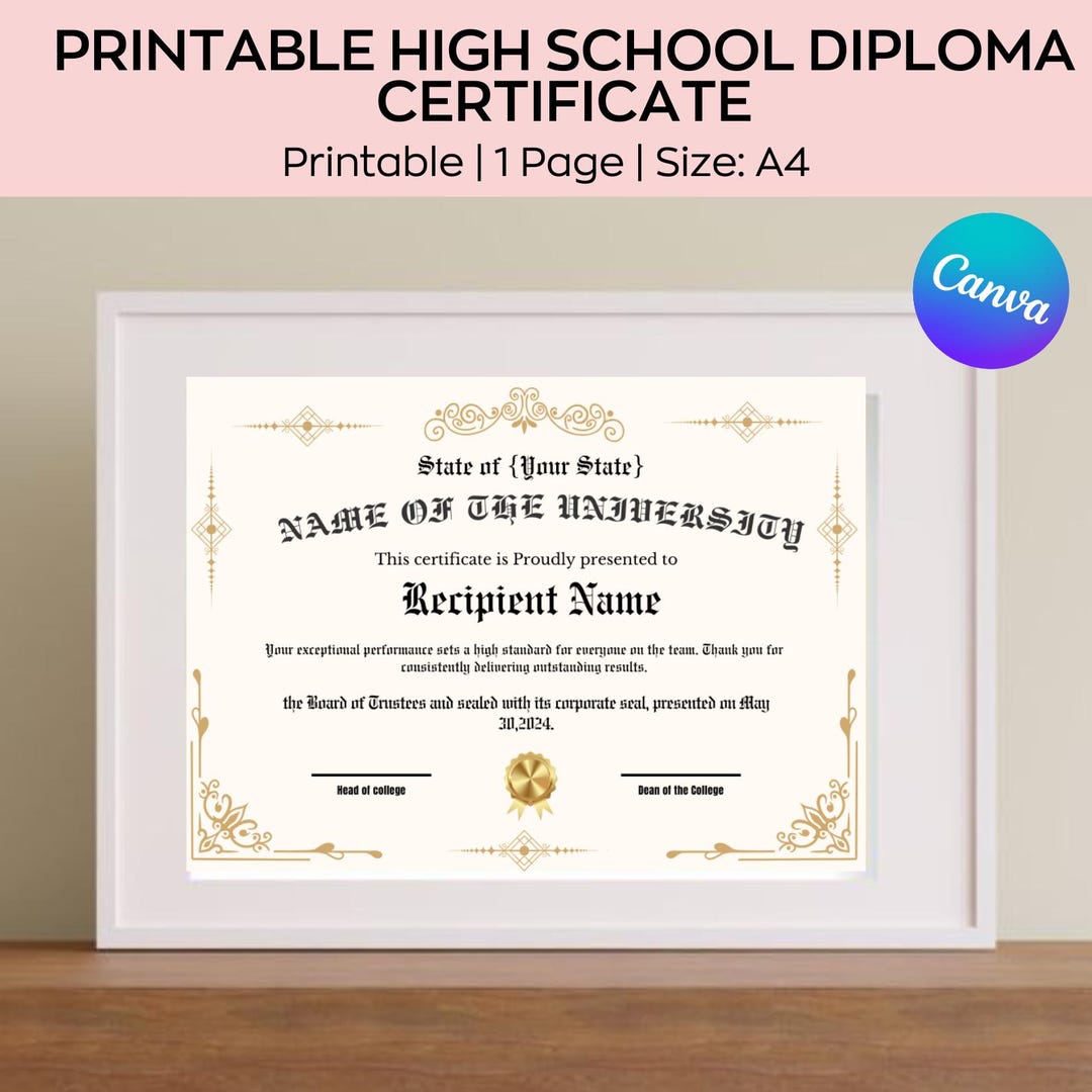 Editable GED Diploma Template, Printable Certificate With Seal, School ...