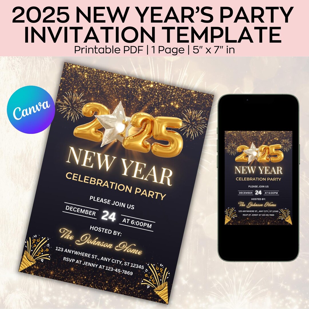2025 New Year Party Invitation Template, Eve Party Invite, Editable NYE ...