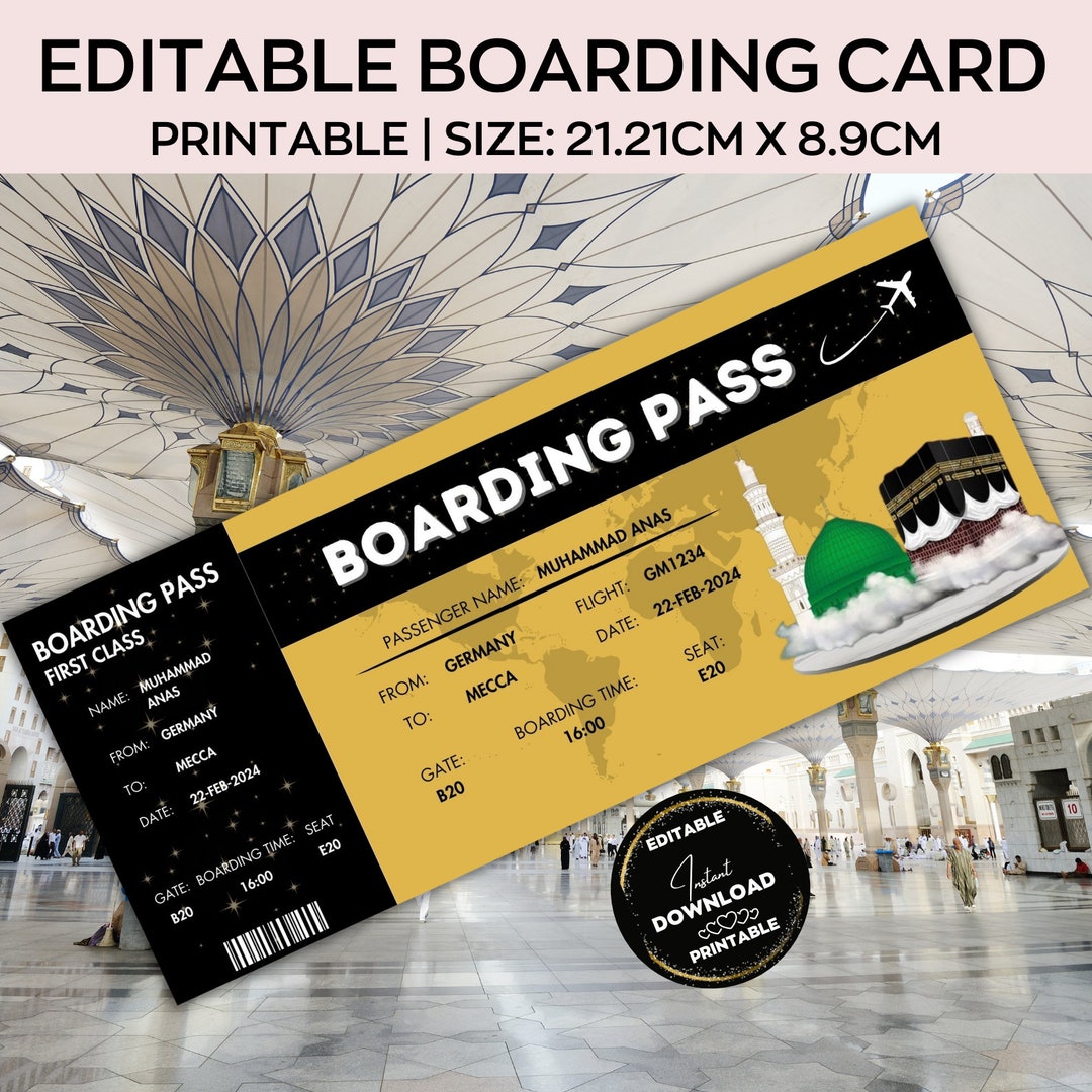 Hajj Boarding Pass,editable Hajj Plane Ticket,makkah Umrah Gift ...