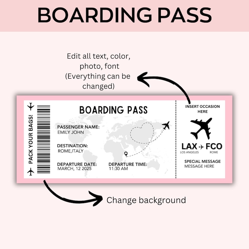 Editable Boarding Pass Template, Printable Boarding Ticket, Canva ...