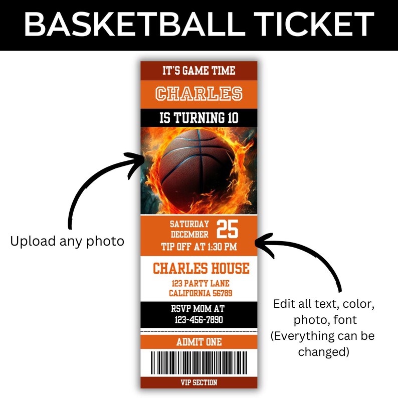 Basketball Birthday Party Invitation, Sports Ticket Invitation, Any Age ...