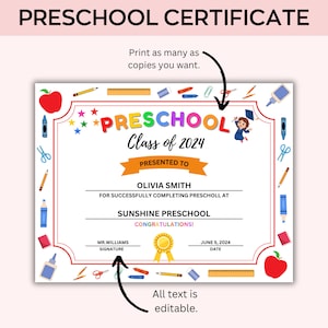 Editable Preschool Graduation Certificate, Preschool Graduation, Last ...