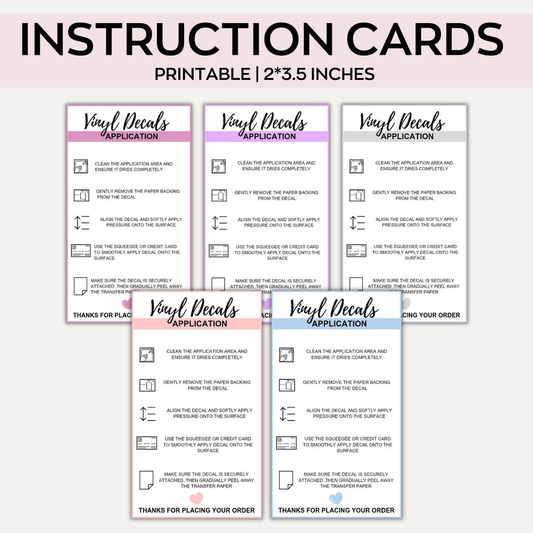 Vinyl Decal Application Card, Printable Vinyl Decal Care Card Instructions, Small Business ...