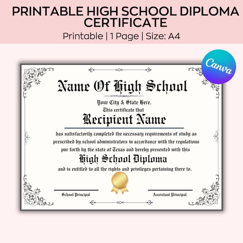 Editable High School Diploma Template, Graduation Certificate, Canva ...