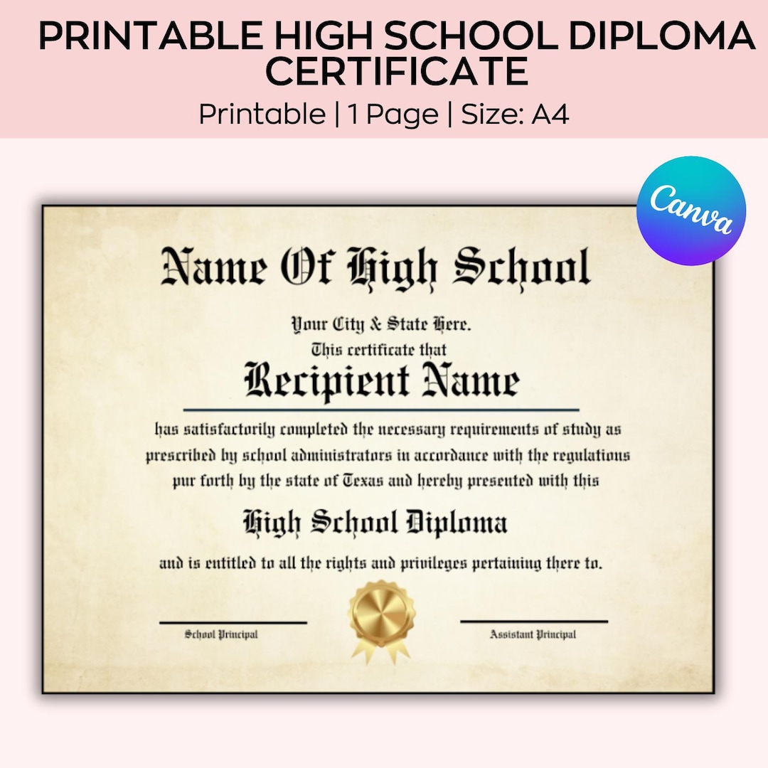 Printable GED Diploma Template, High School Diploma, School Equivalency ...
