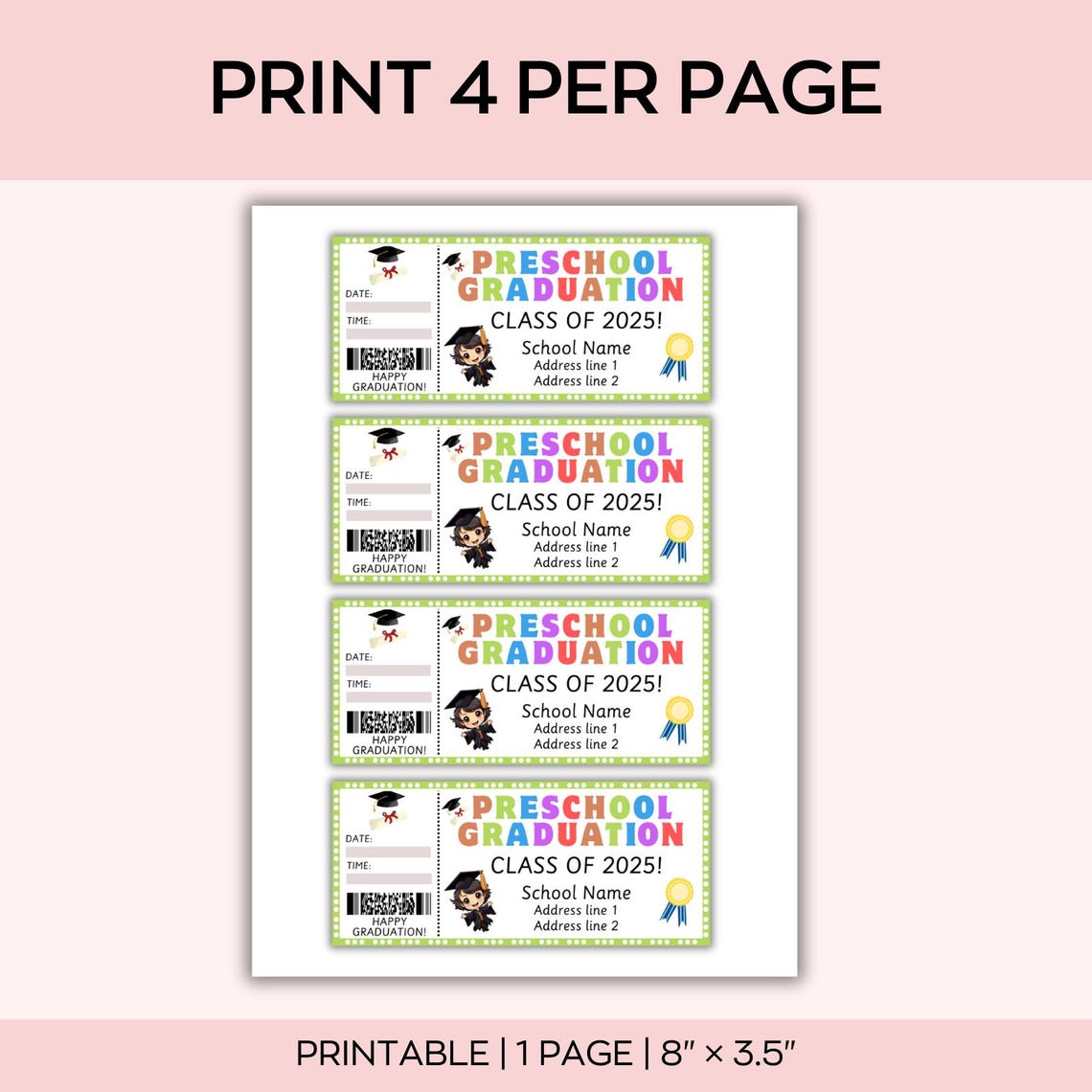 2025 Editable Preschool Graduation Ceremony Ticket Template, Class Grad ...