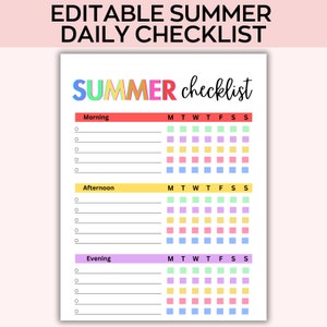 Printable Editable SUMMER Daily Checklist for Kids, Daily Checklist for ...