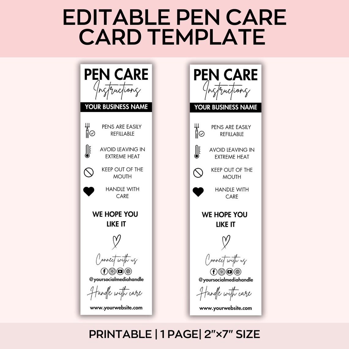 Editable Gel Pen Care Cards, Epoxy Pen Care Cards, Small Business, DIY ...