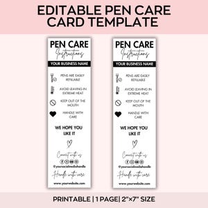 Editable Gel Pen Care Cards, Epoxy Pen Care Cards, Small Business, DIY ...