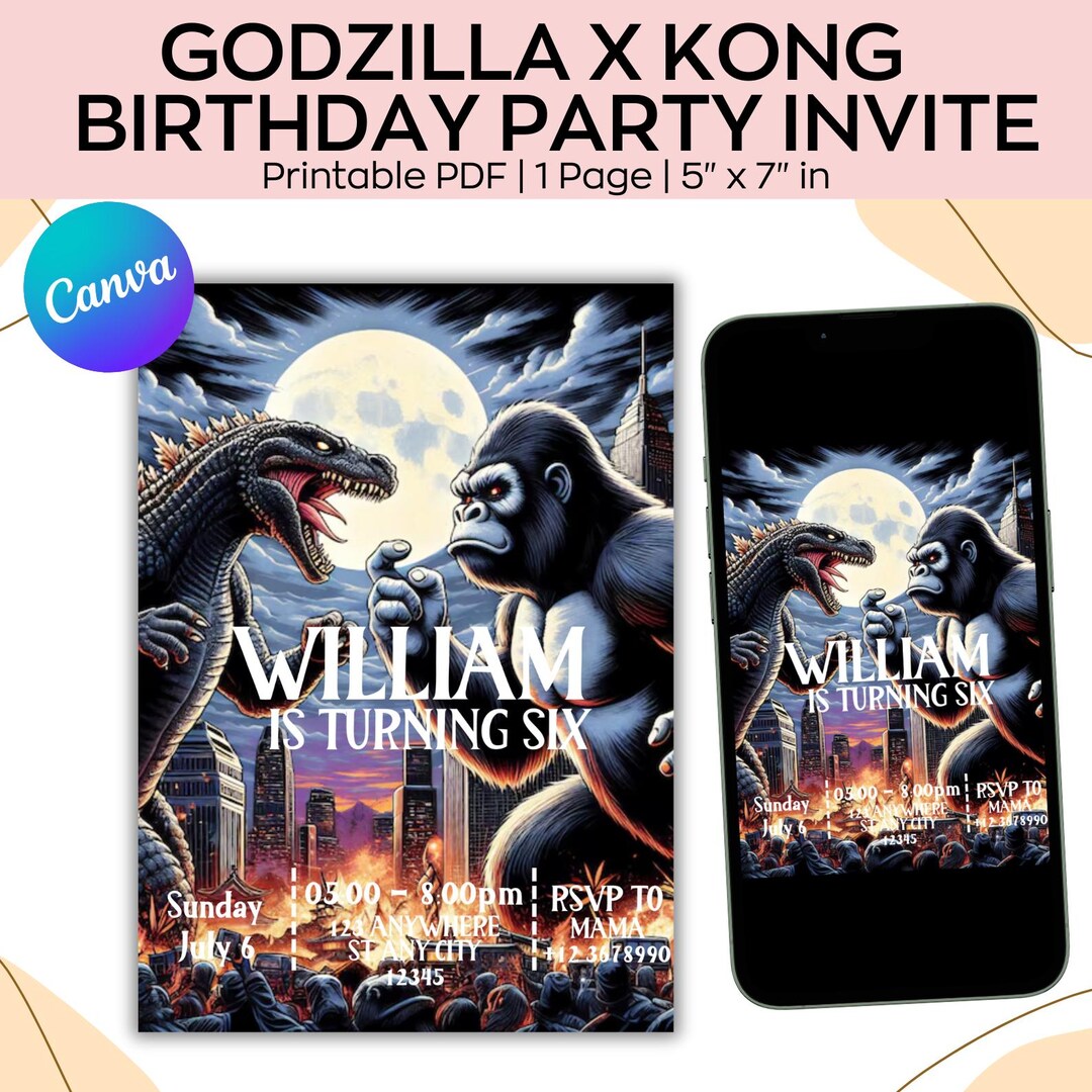 King Kong and Godzilla Invitation, Godzilla Birthday Invitation, Boys ...