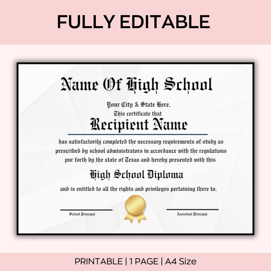 Editable High School Diploma Template, High School Diploma, Homeschool ...