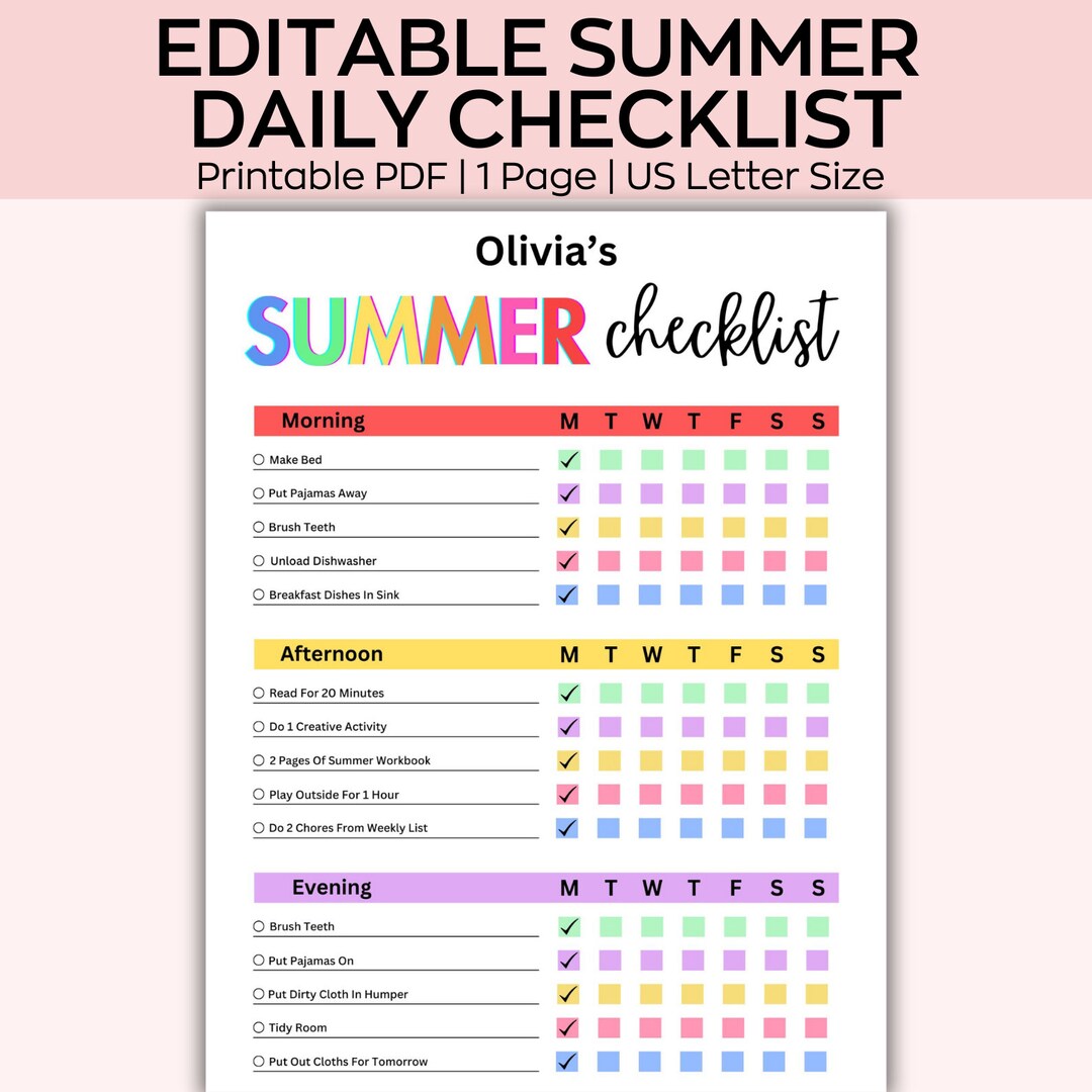 Printable Editable SUMMER Daily Checklist for Kids, Daily Checklist for ...