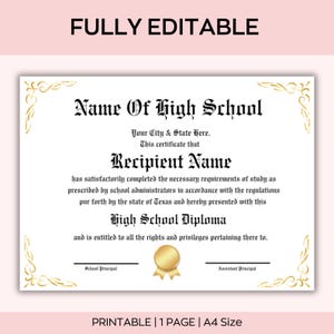 Editable GED Diploma Template, High School Diploma, Graduation ...