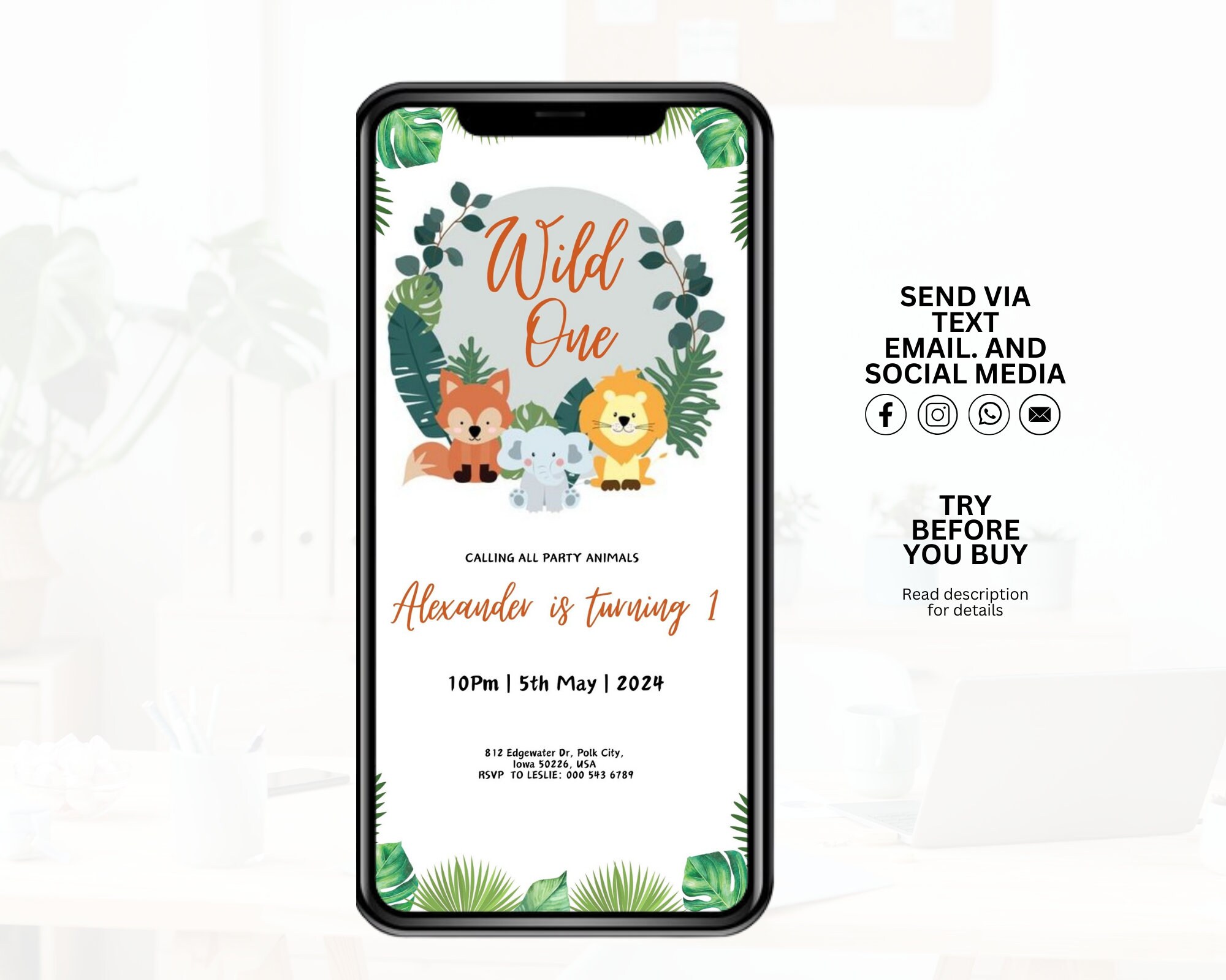 EDITABLE Safari Birthday Invitation, Wild One 1st Birthday Invite ...