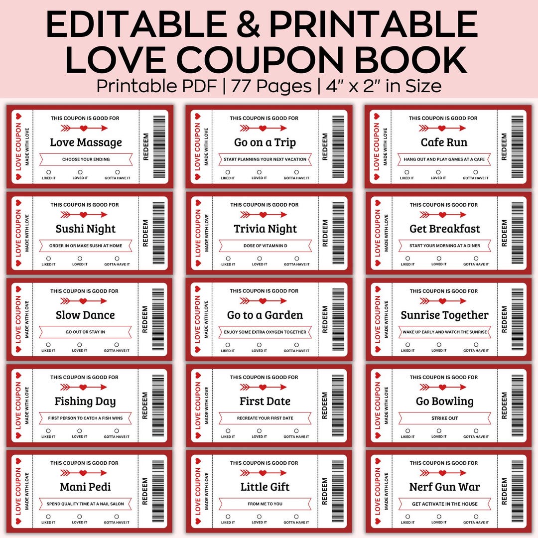 Editable Printable Love Coupons Book Template, Customizable Valentine's Day Coupon, Anniversary ...