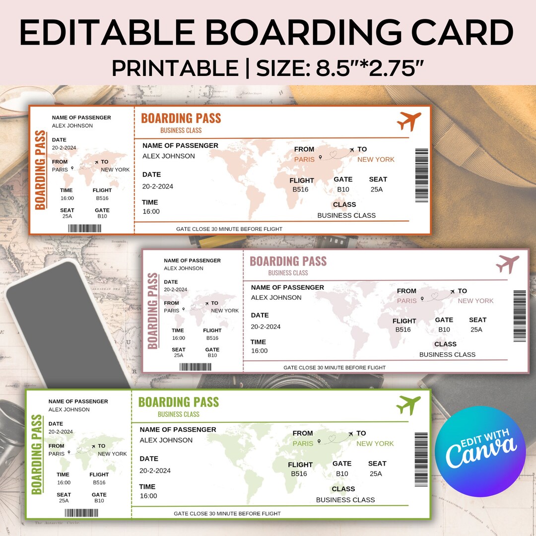 Editable Boarding Pass Template, Printable Boarding Ticket, Canva ...