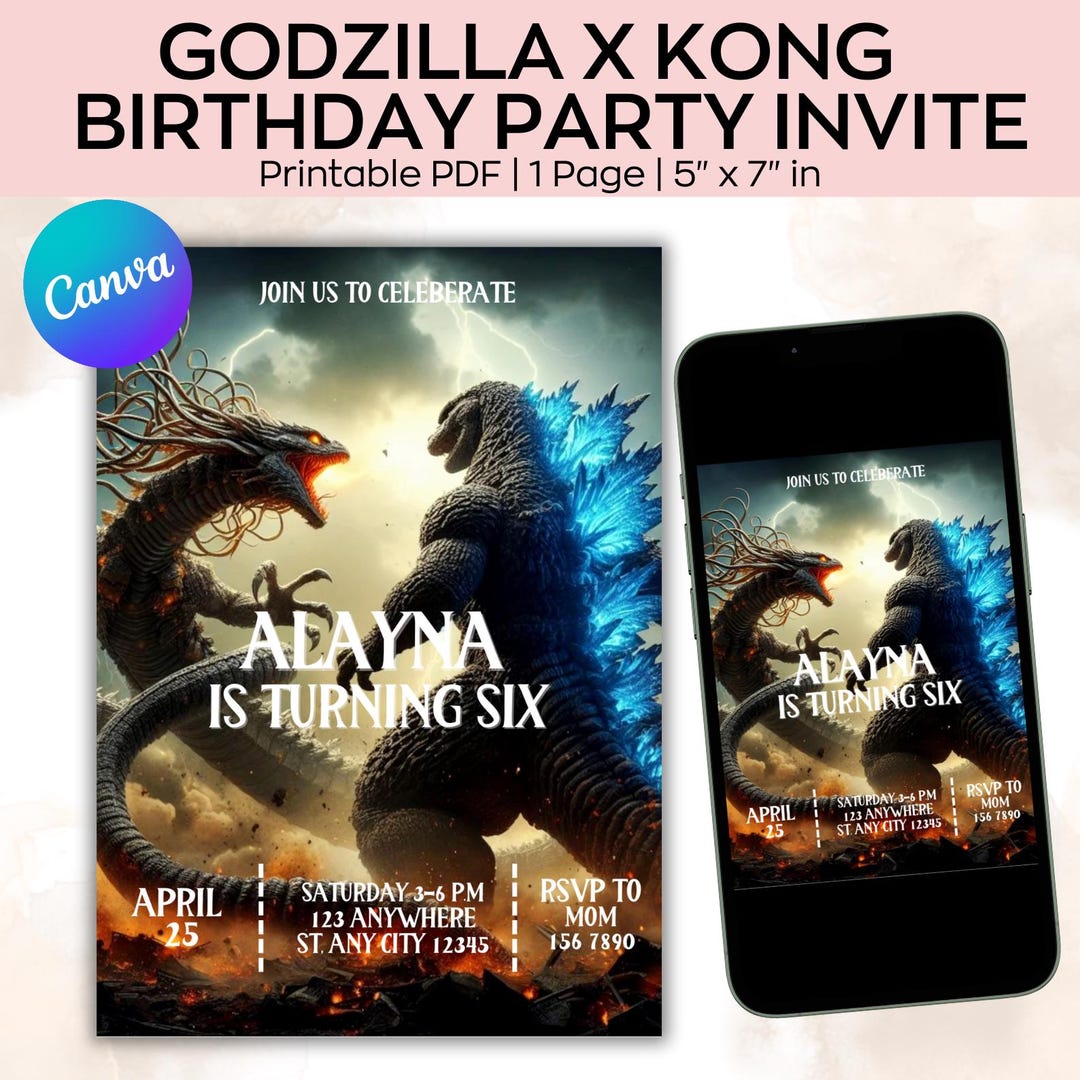 King Kong and Godzilla Invitation, Boys Monster Party, Godzilla ...