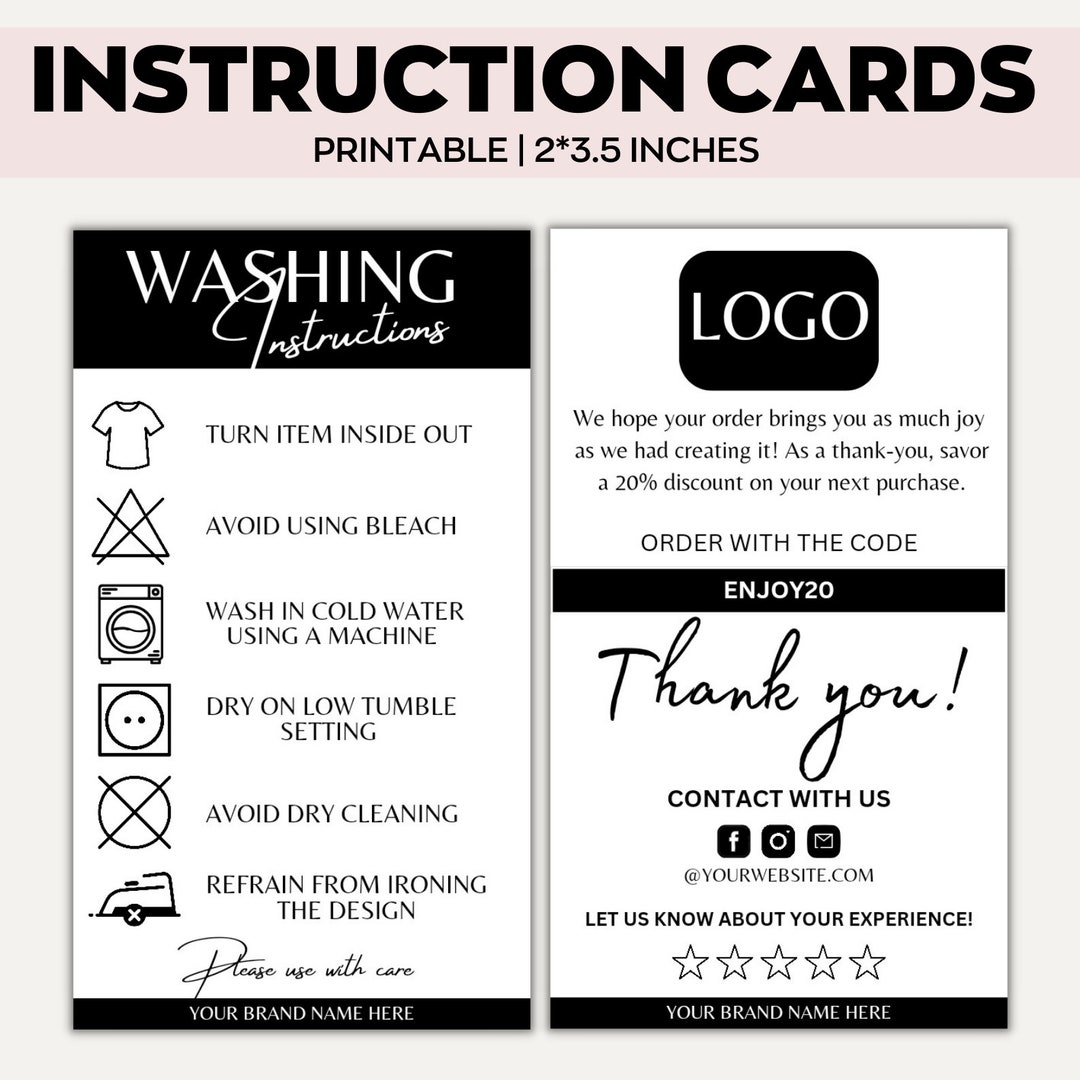 Editable Washing Instructions Card Template, Printable Clothing Care ...