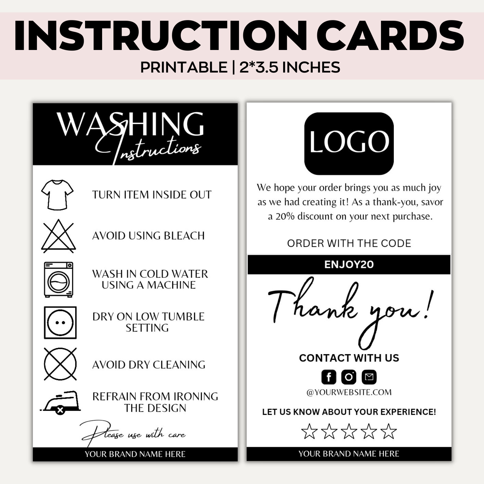 Editable Washing Instructions Card Template, Printable Clothing Care ...