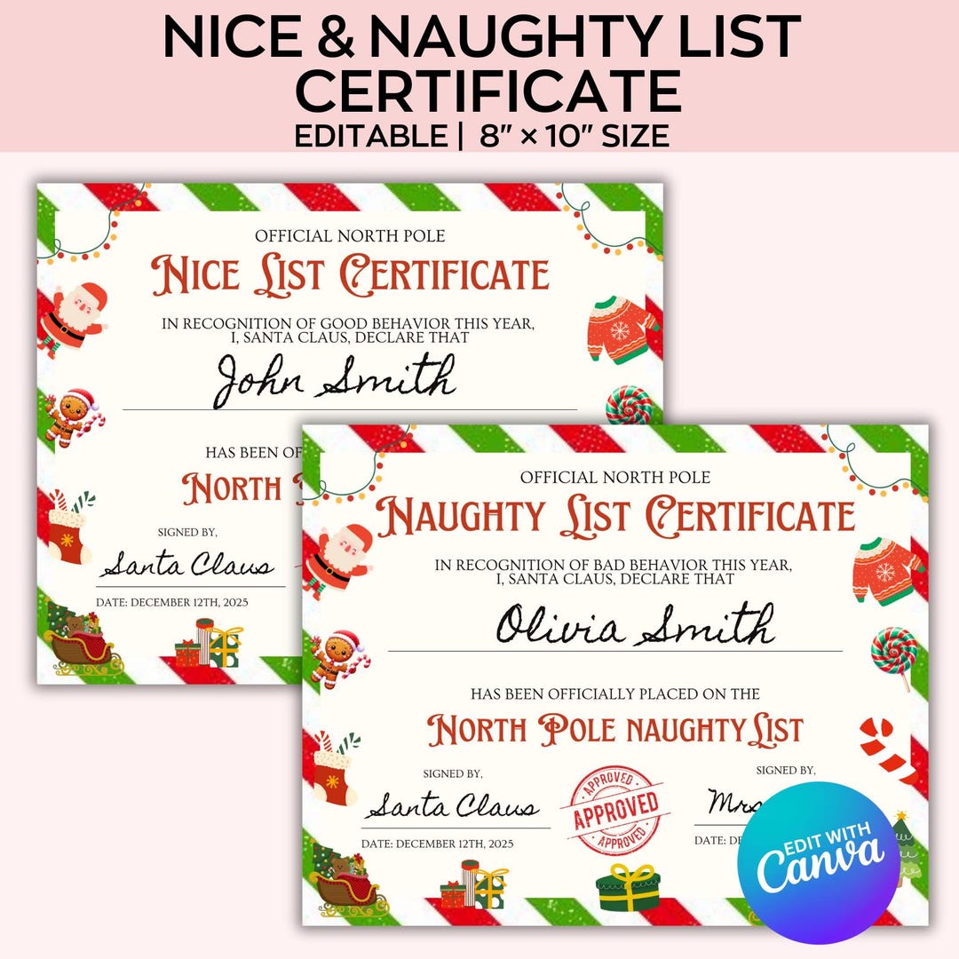 Editable Nice List Certificate Template, Santa Claus Certificate ...