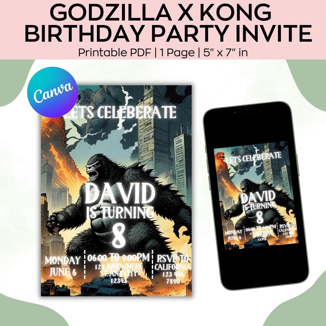 Godzilla Invitation, King Kong Editable Birthday Invitation, Boys ...