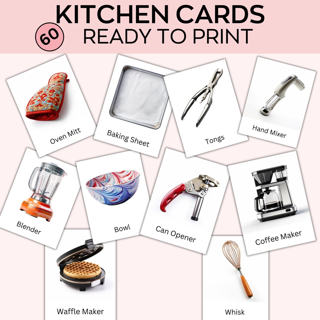 60 Kitchen Flash Cards, Montessori Cards Printable, Nomenclature Cards ...
