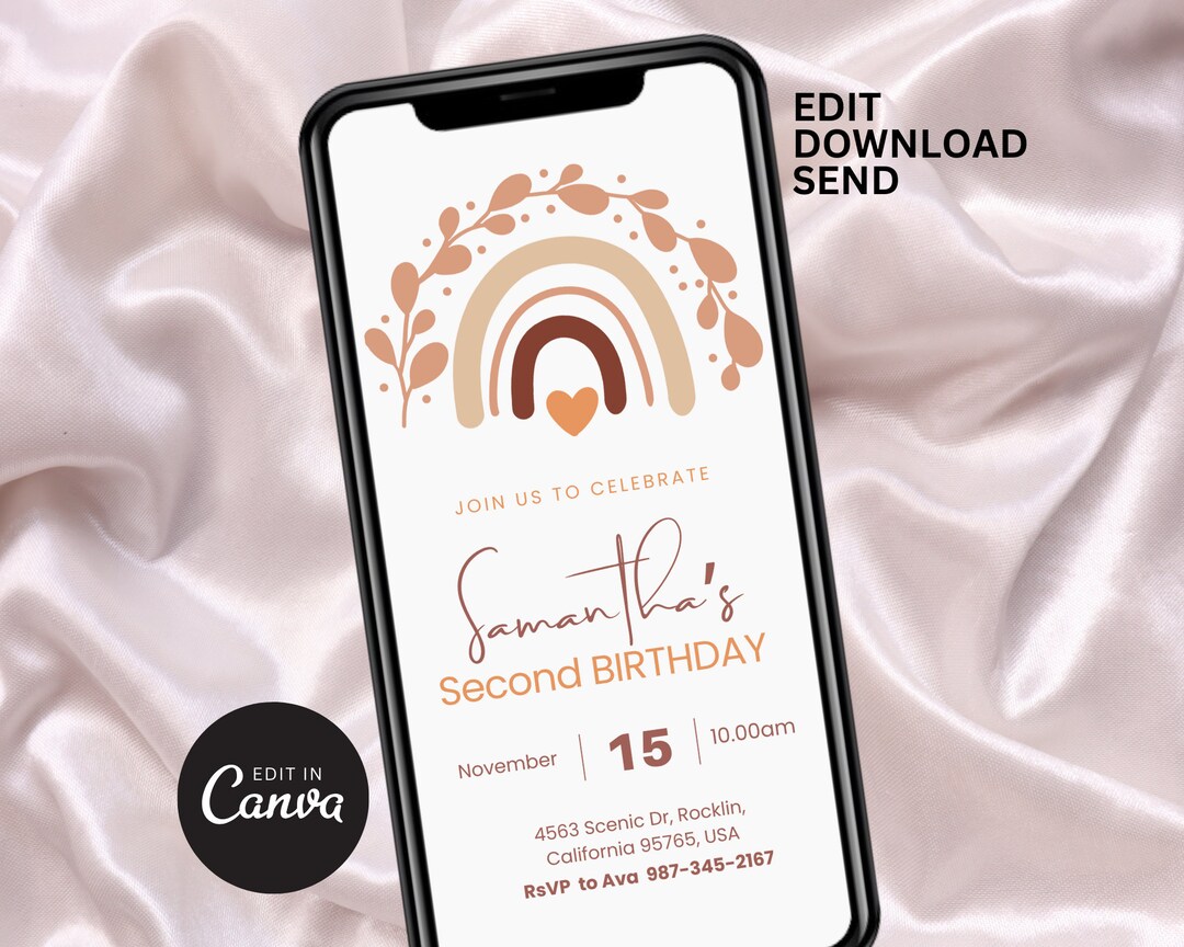 Editable Boho Rainbow 2nd Birthday Template ,fun Girl Birthday ...