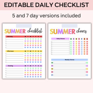 Printable Editable SUMMER Daily Checklist for Kids, Daily Checklist for ...