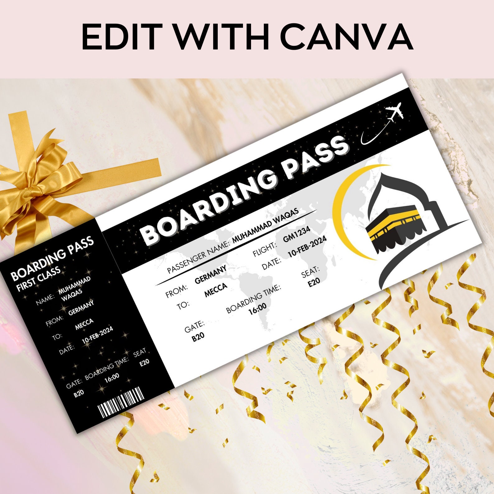 Hajj Boarding Pass,editable Hajj Plane Ticket,makkah Umrah Gift ...