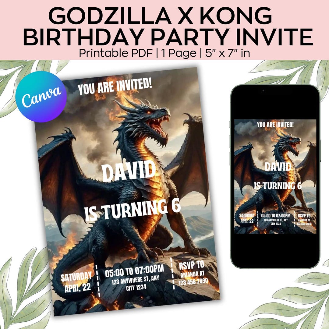 Godzilla Birthday Invitation, Printable Birthday Template, Digital ...