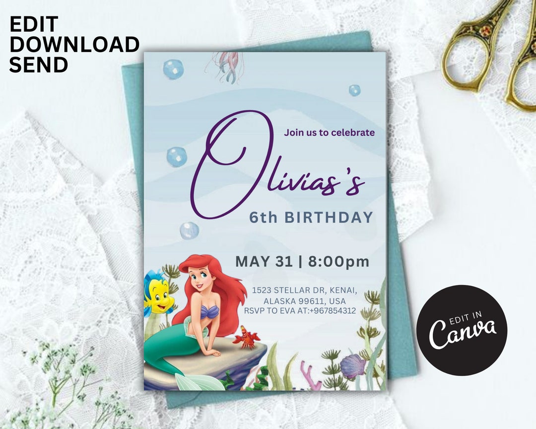Little Mermaid Birthday Invitation Template Editable,mermaid Invite ...