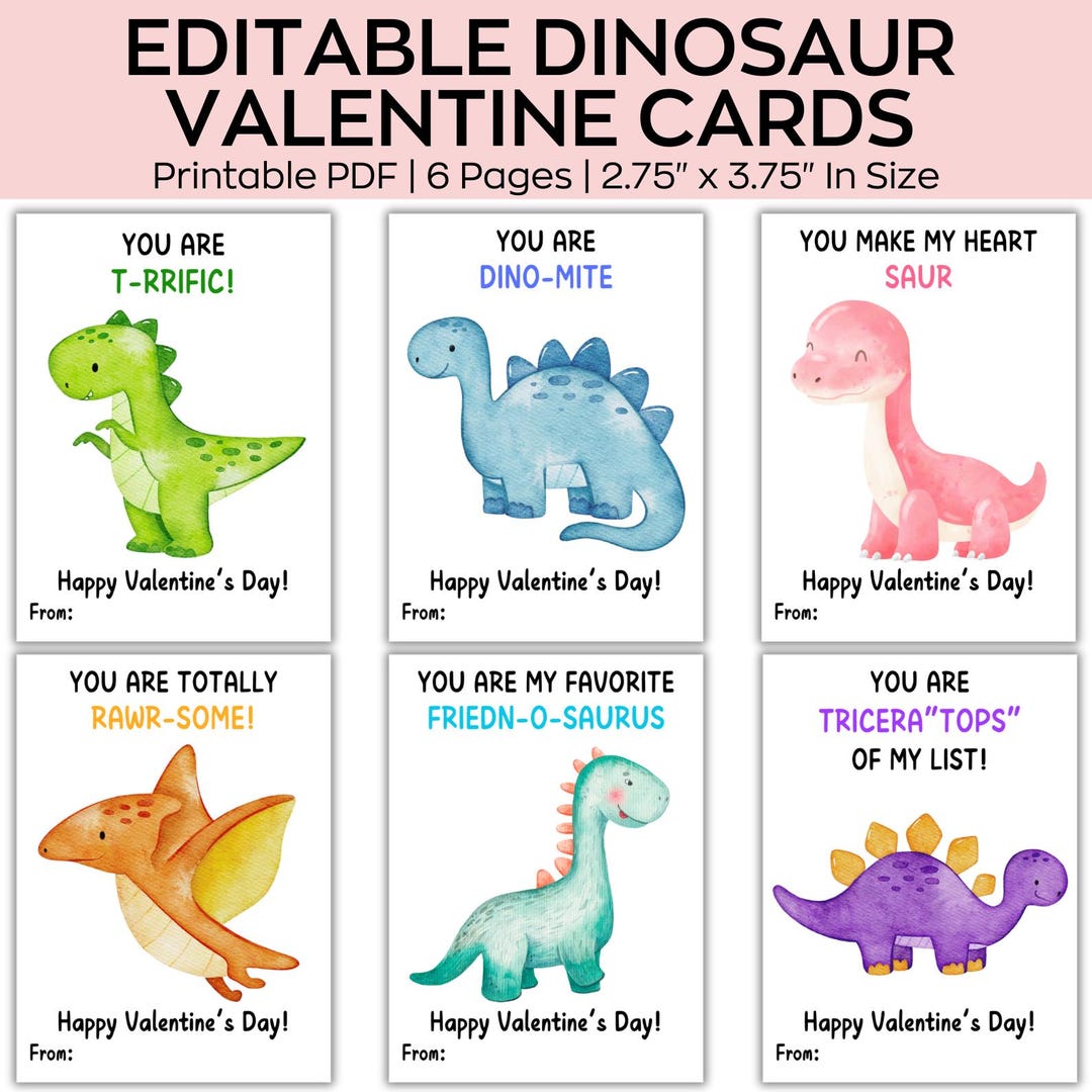 Printable Dinosaur Valentine Cards, Dino Valentine Cards for Kids ...