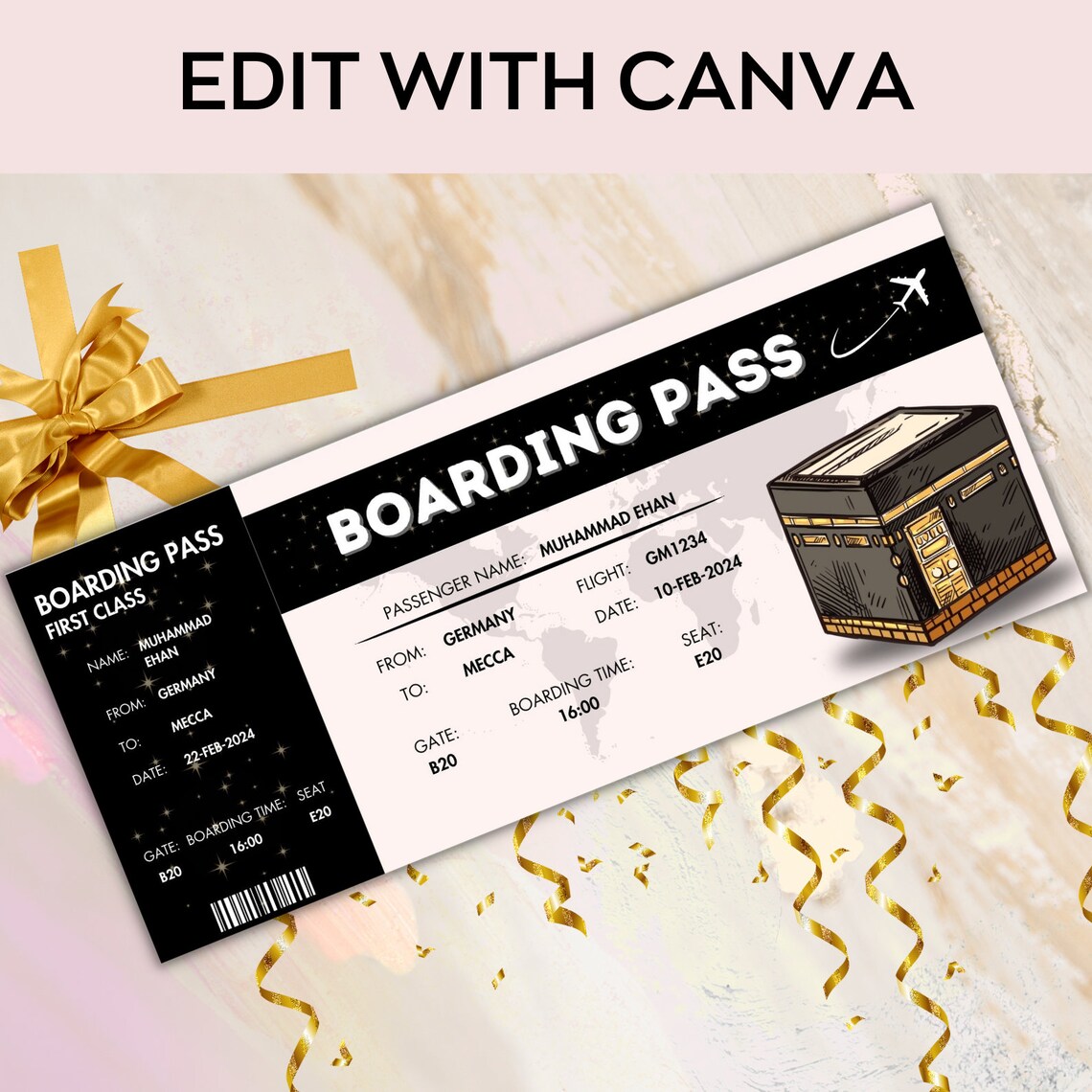 Hajj Boarding Pass,editable Hajj Plane Ticket,makkah Umrah Gift ...